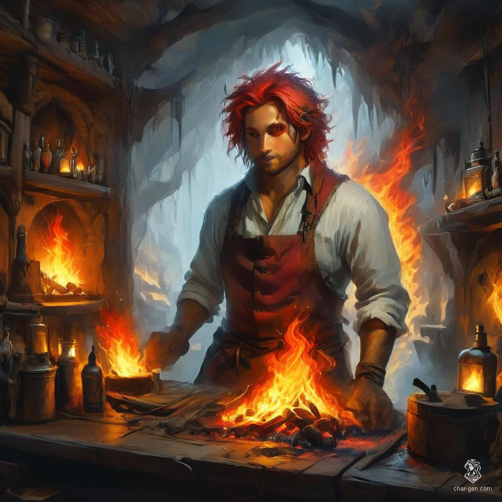 CharGen: D&D Npc Art by CharGen - Fire Genasi Innkeeper in Medieval Tavern