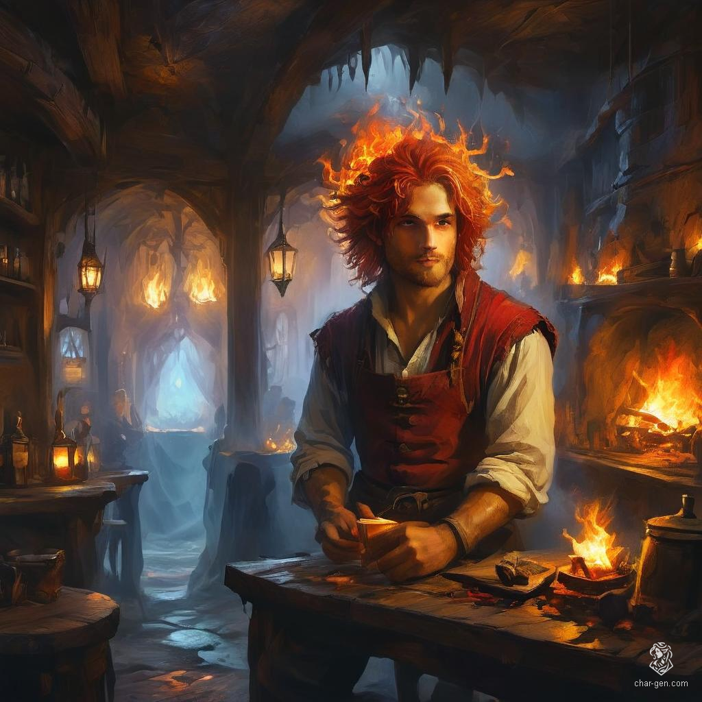CharGen: D&D Npc Art by CharGen - Fire Genasi Innkeeper in Medieval Tavern