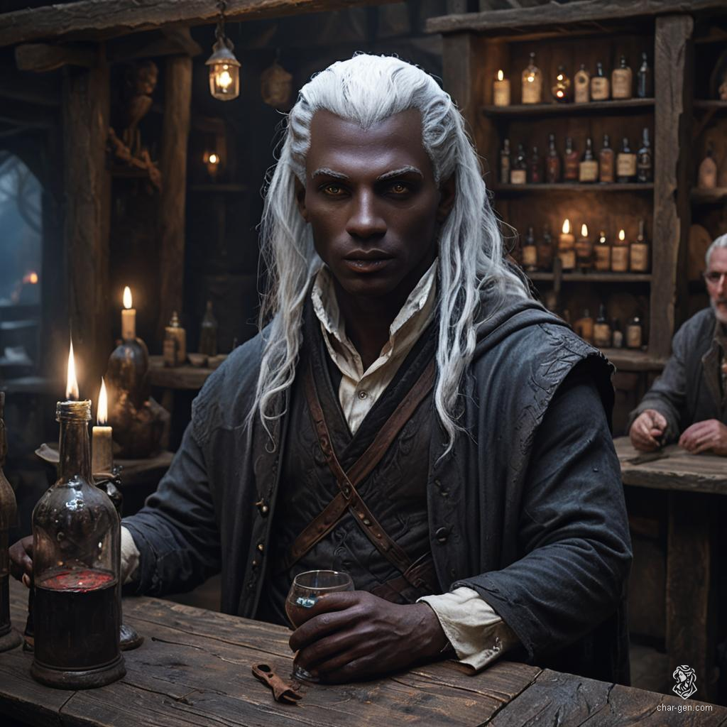 CharGen: D&D Npc Art by Russiee - Drow Innkeeper in Medieval Tavern