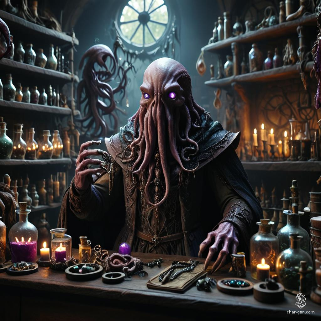 CharGen: D&D Npc Art by Xaq - Mind Flayer Alchemist in Alchemist's Workshop