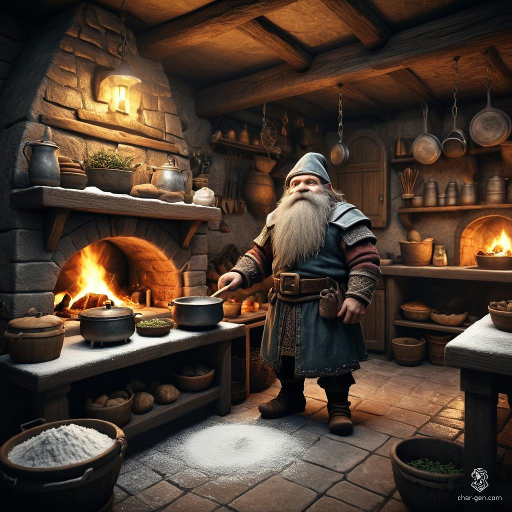 CharGen: D&D Npc Art by Russiee - Dwarf Baker in Medieval Kitchen