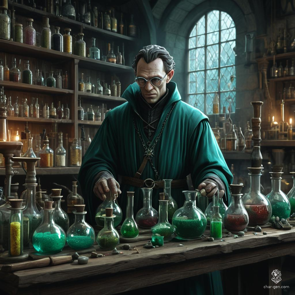 CharGen: D&D Npc Art by Xaq - Changeling Alchemist in Alchemist's Workshop
