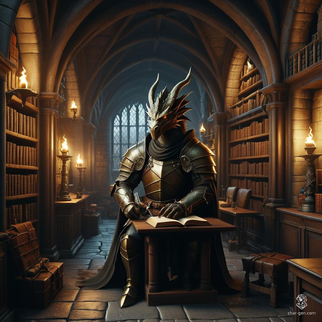 CharGen: D&D Npc Art by Barbarian1228 - Dragonborn Fighter in Library