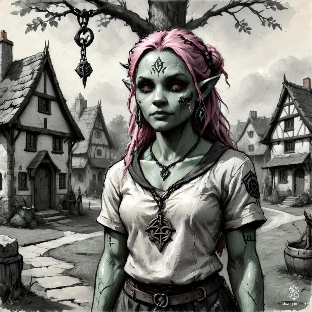 CharGen: D&D Npc Art by CharGen - Half Orc Warlock in Village Green